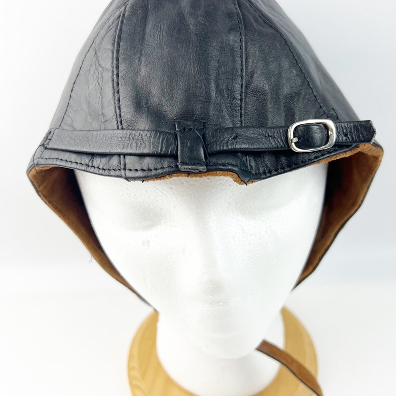 Vintage Aviator Black Leather Motorcycle Cap Hat Buckle Suede Medium ...