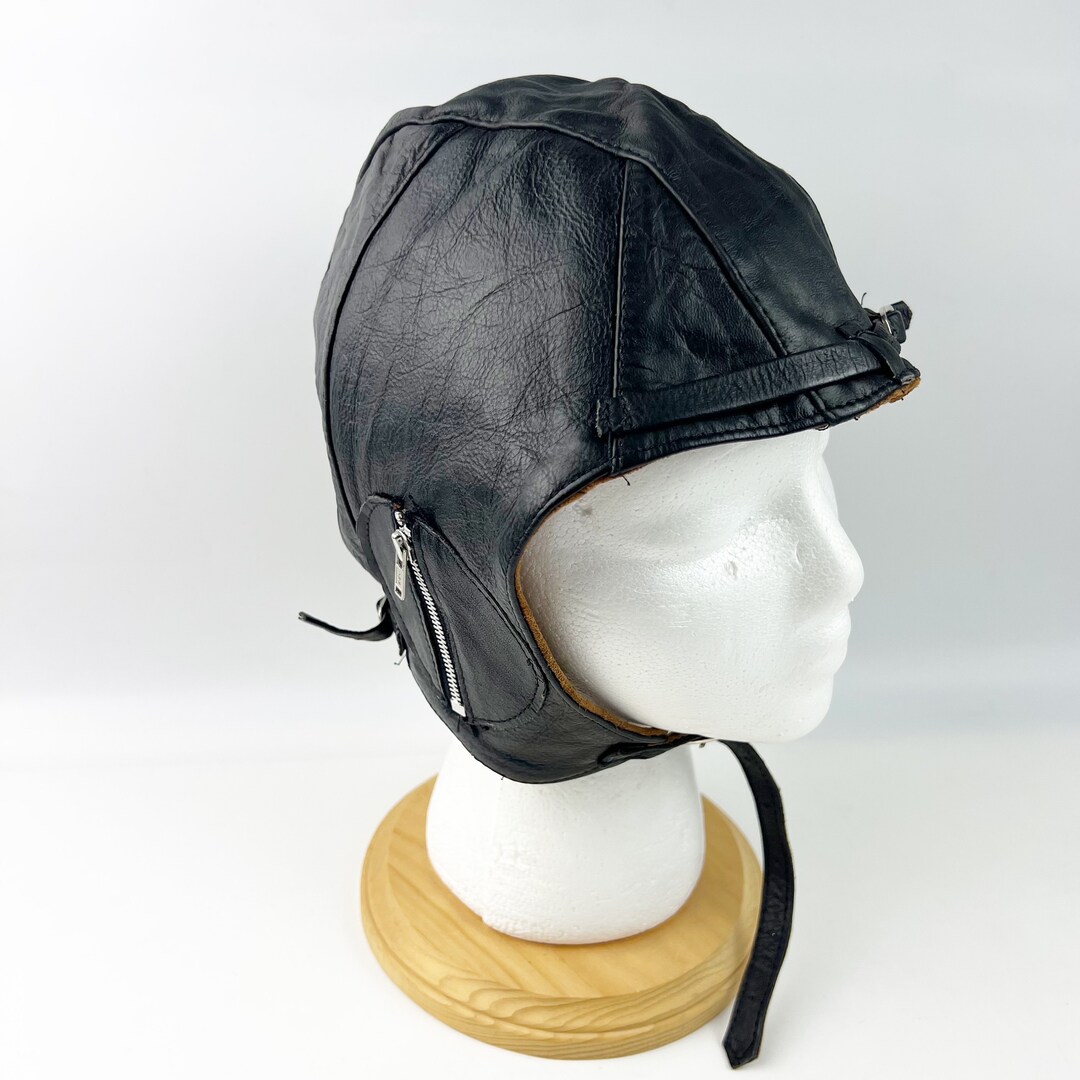Vintage Aviator Black Leather Motorcycle Cap Hat Buckle Suede Medium ...