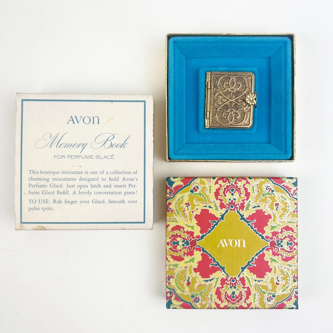 NEW Vintage Gold Toned Avon Memory Book for Perfume Glacé Container Box ...