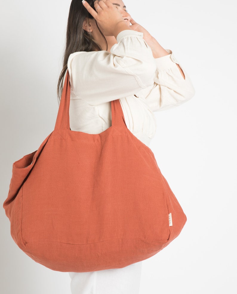 Oversized Linen Tote Bag Rust Tote Bag Linen Beach Bag - Etsy