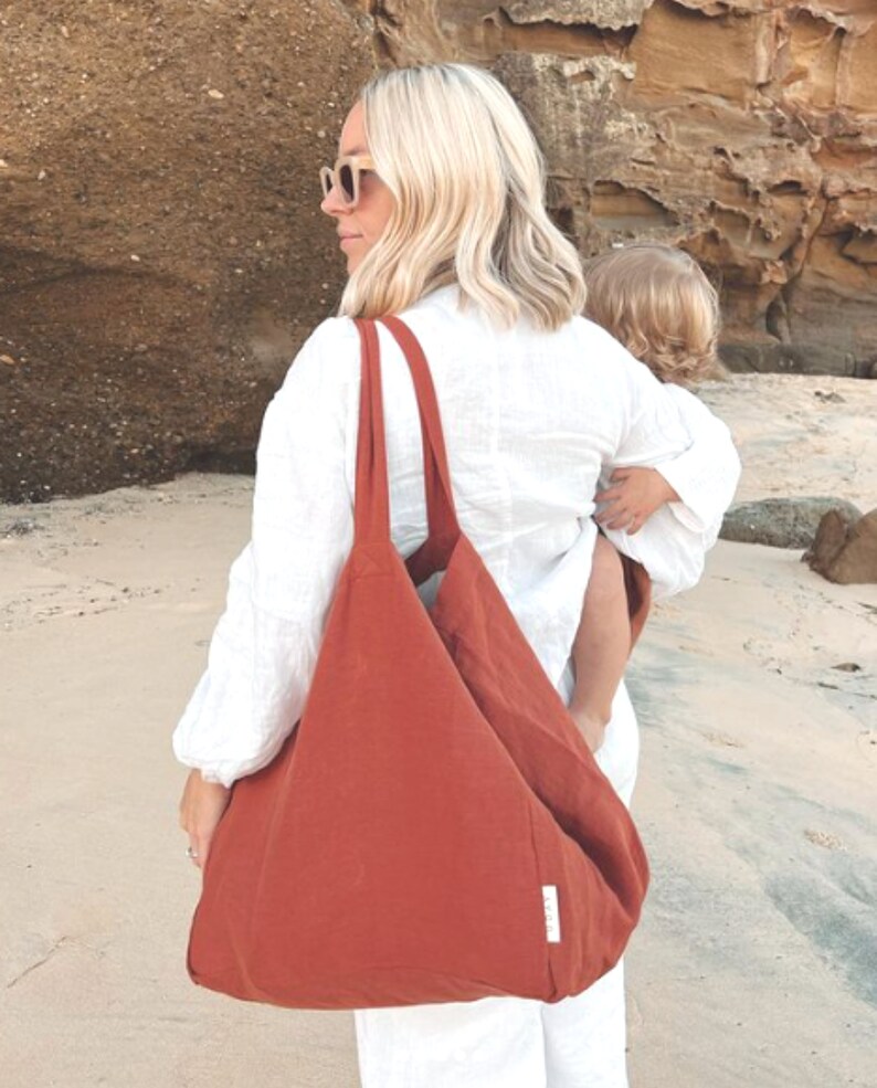 Oversized Linen Tote Bag Rust Tote Bag Linen Beach Bag - Etsy