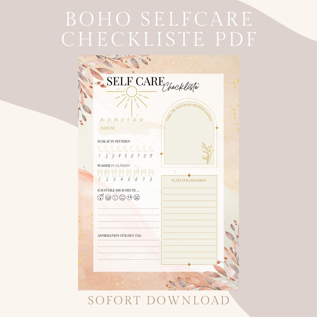 Boho Self-care Checklist PDF – Digital Mindfulness Template for ...
