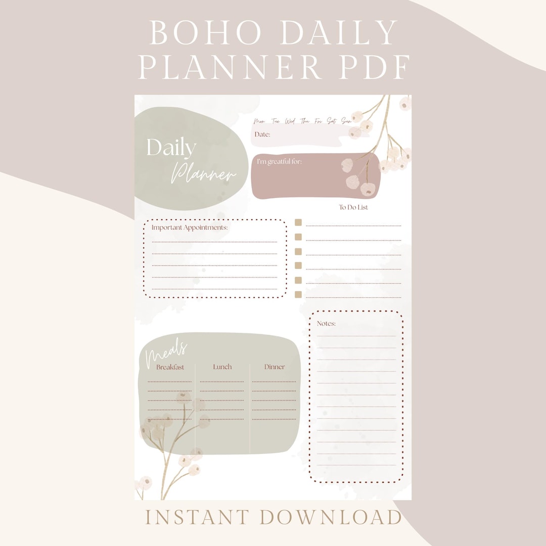 Boho Daily Planner PDF – Printable Daily Organizer | To-do List, Meal ...