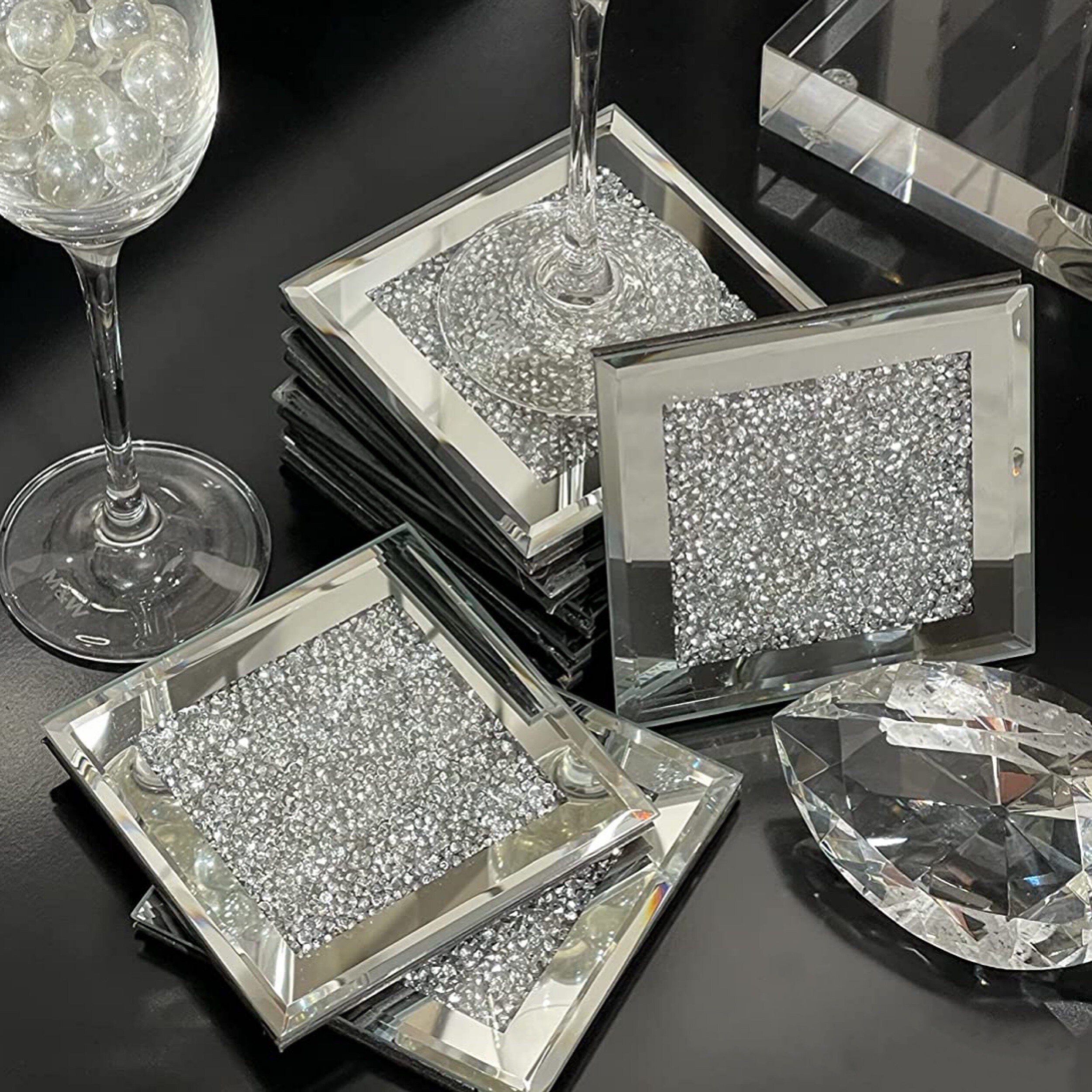 Glass Mirrored Coasters for Drinks Crushed Diamond Coasters Set of 4 ...