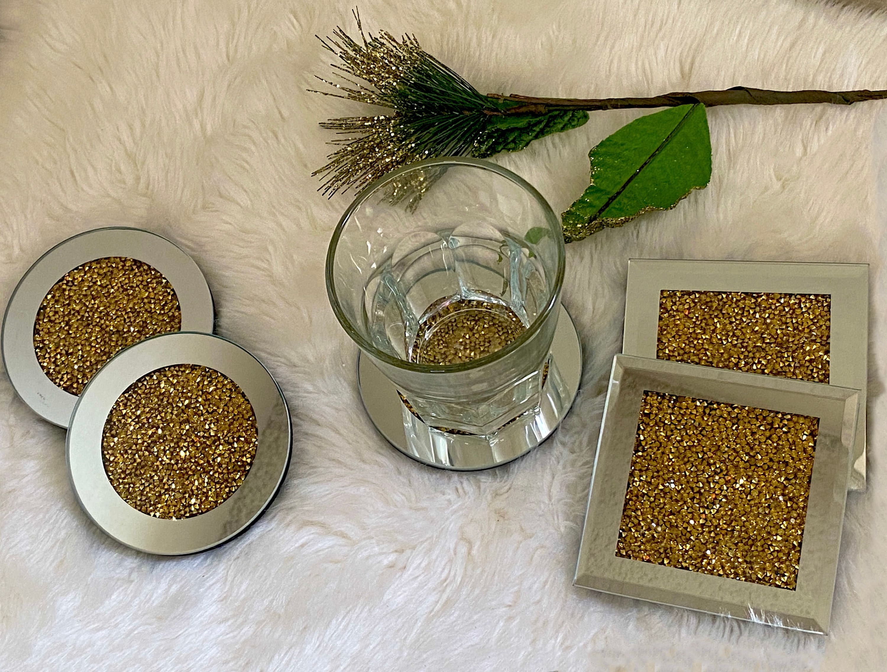 Glass Mirrored Coasters for Drinks Crushed Diamond Coasters Set of 4 ...