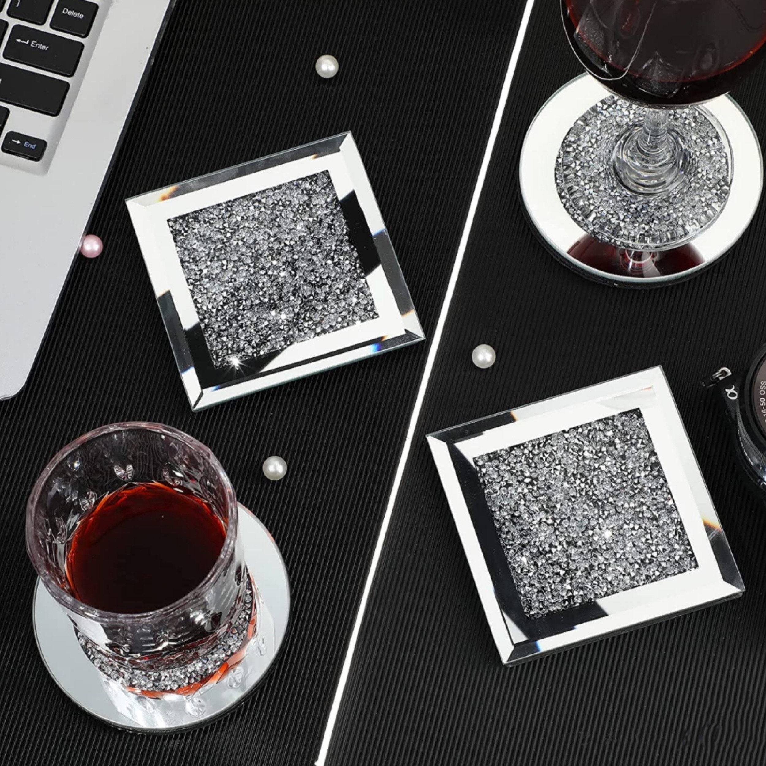Glass Mirrored Coasters for Drinks Crushed Diamond Coasters Set of 4 ...
