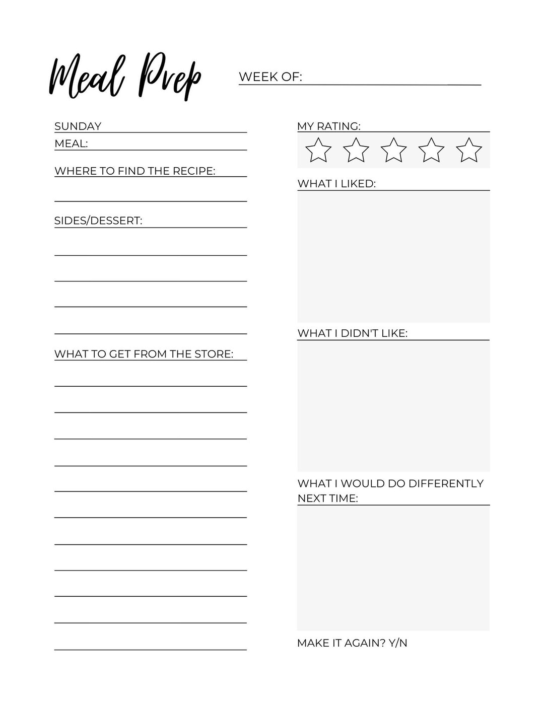 Meal Prep and Grocery List Templates Ready to Fill - Etsy