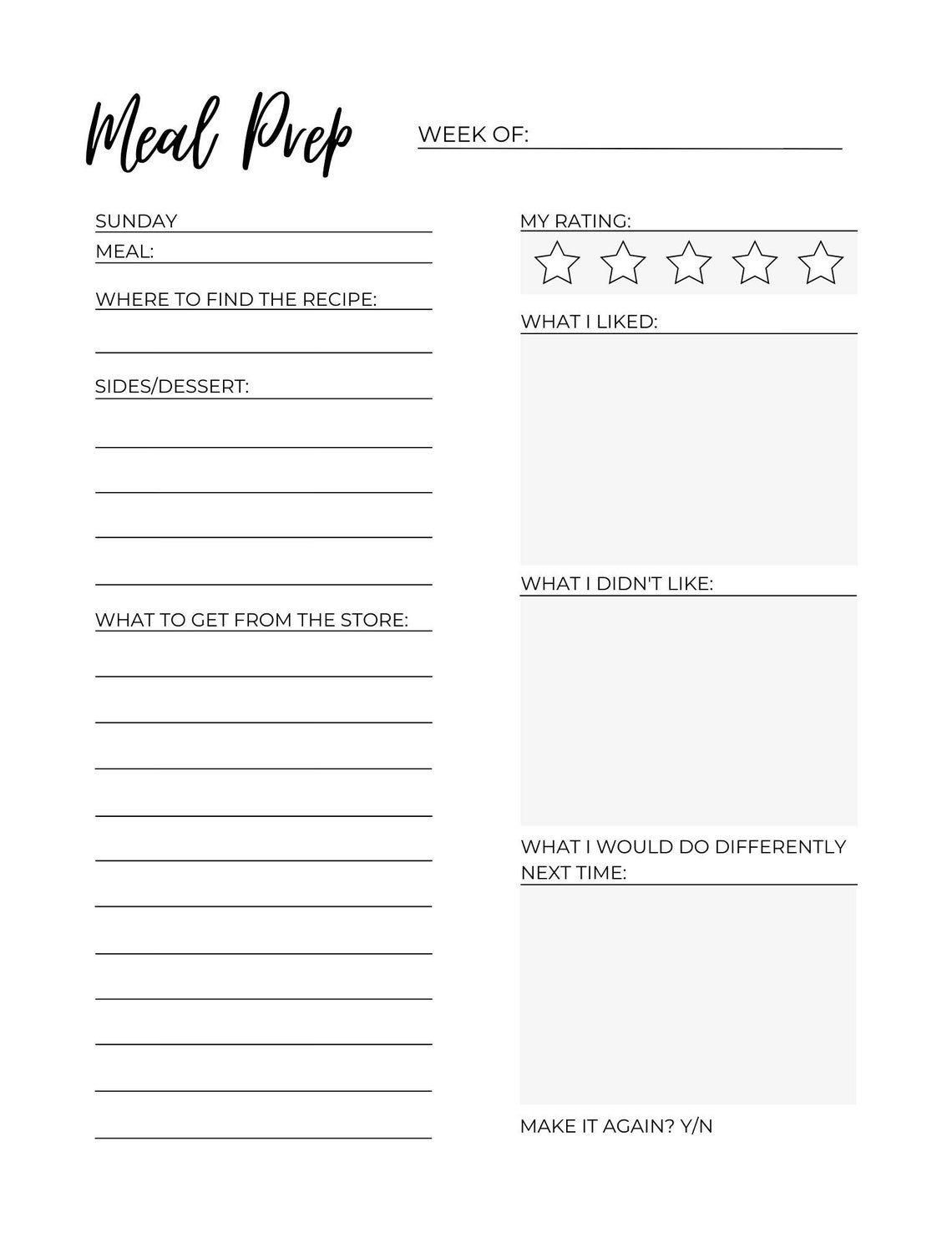 Meal Prep and Grocery List Templates Ready to Fill - Etsy