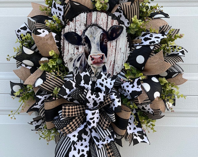 Cow Wreath for Door, Fall Farmhouse Style Wreath, Autumn Porch Decor ...