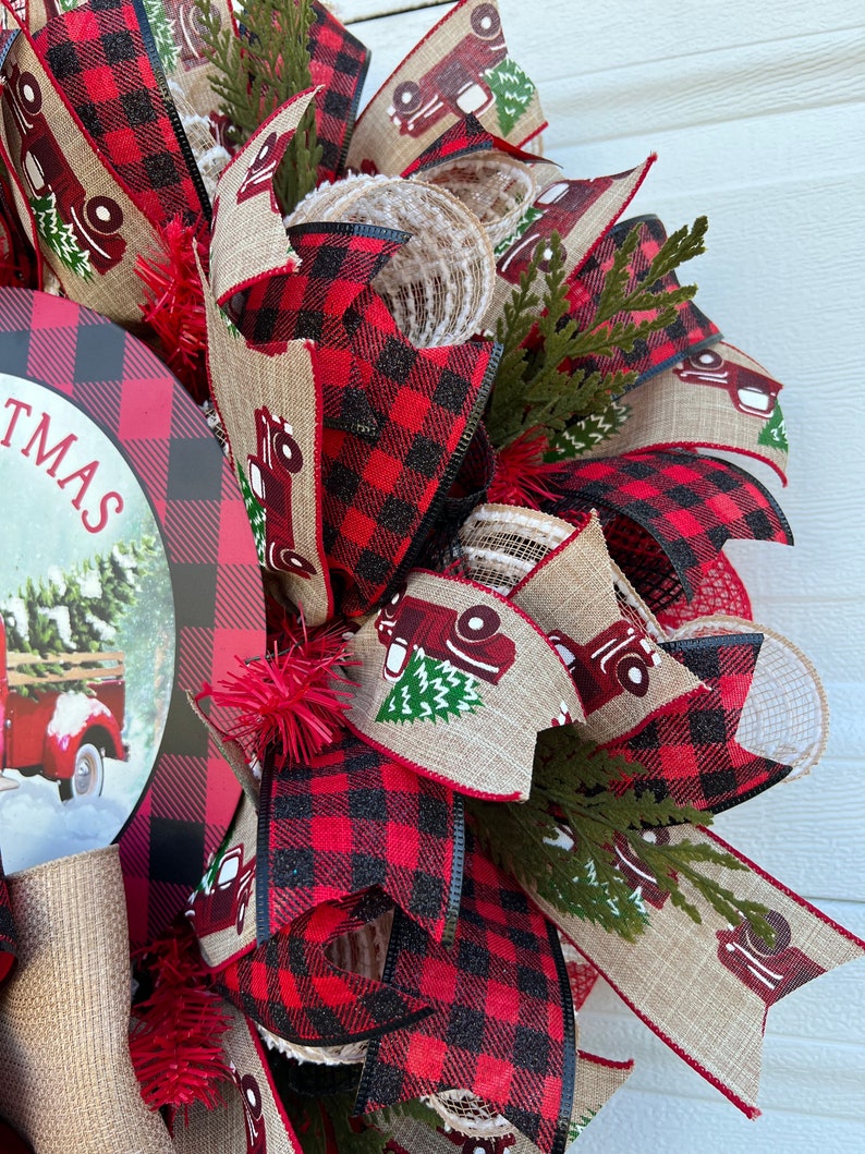 Little Red Truck Carrying a Christmas Tree Wreath, Country Porch Decor ...