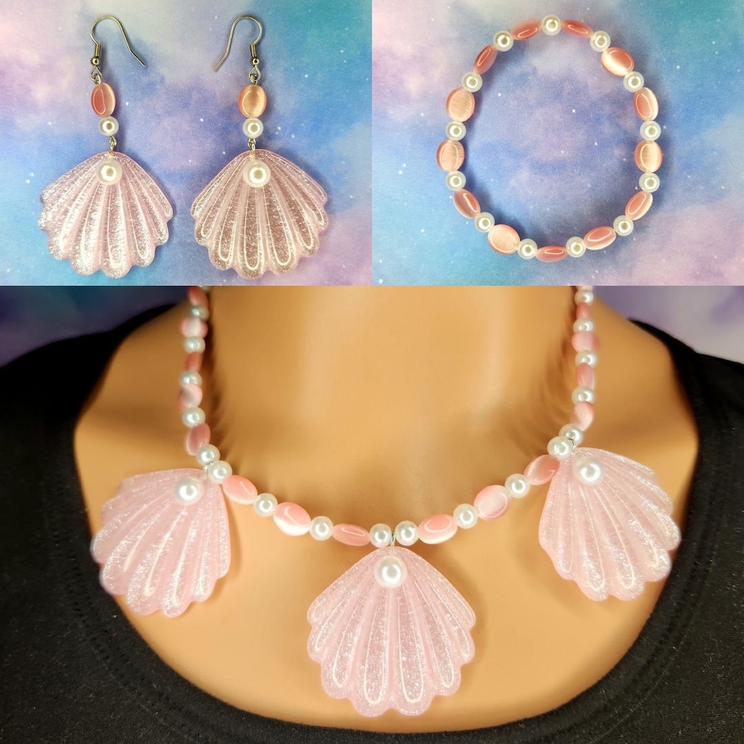 Pink Glittery Seashell Jewelry Set Pink Seashell Necklace Pink Shell ...