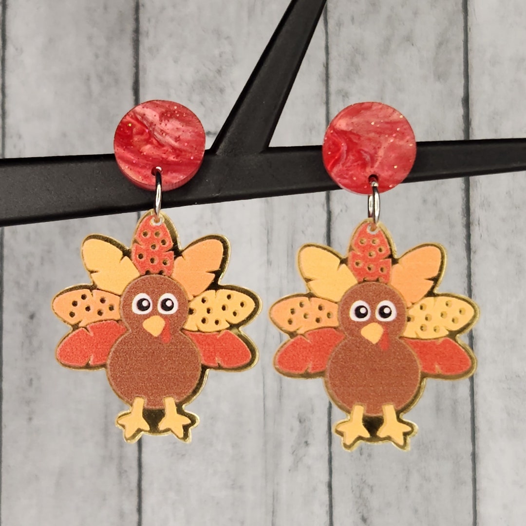 Cute Turkey Earrings - Thanksgiving Earrings - Glittery Acrylic ...