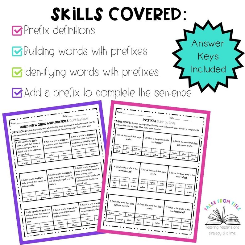 Differentiated Prefixes Color by Code Worksheets for Intermediate ...