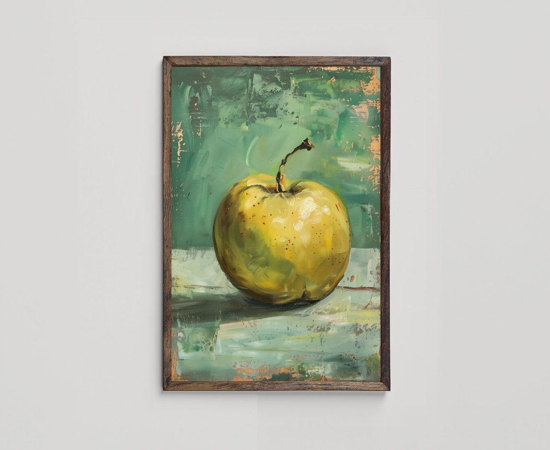 Vintage Apple Art, Green, Yellow Apple Fruit Art, Printable Kitchen Art ...