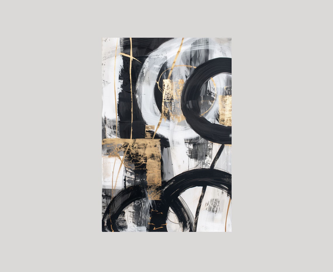 Set of 2 White, Black and Gold Abstract Wall Art, Modern Textured ...