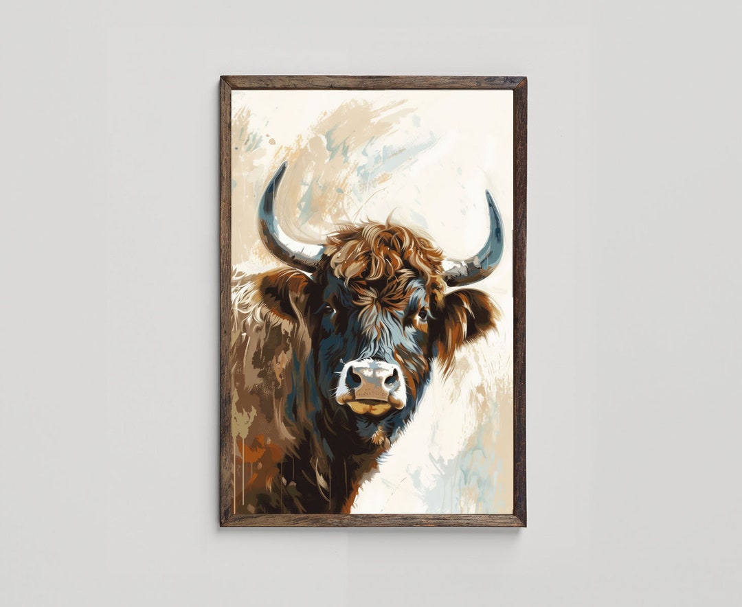 Highland Cow Art, Rustic Farmhouse Wall Art, Modern Animal Portrait ...