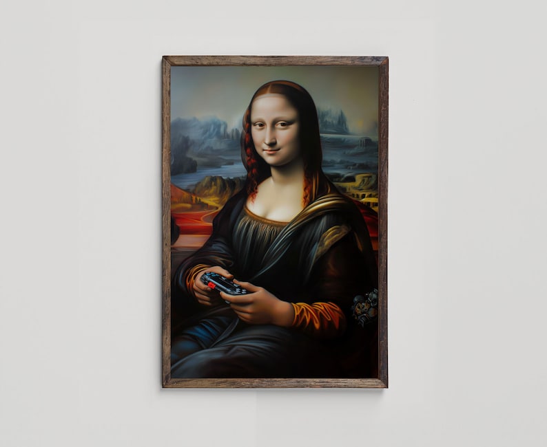 Modern Mona Lisa With Game Controller Wall Art, Mona Lisa Playing Video ...