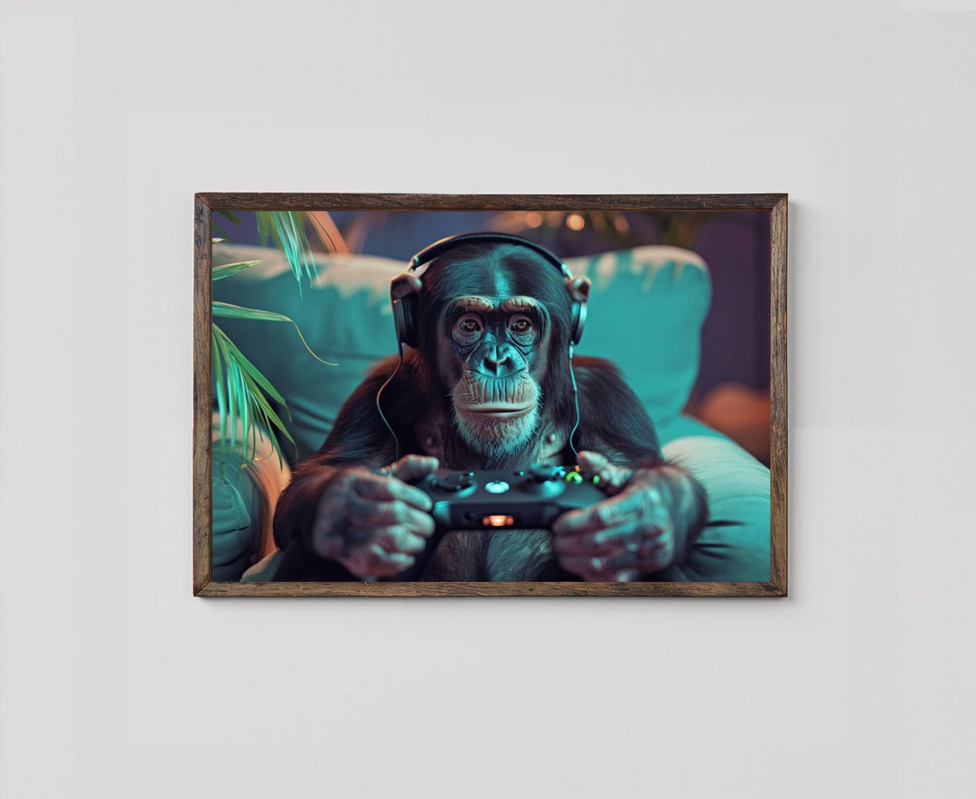 Monkey Playing Video Games, Chimp Gamer With Headphones, Quirky Gaming ...