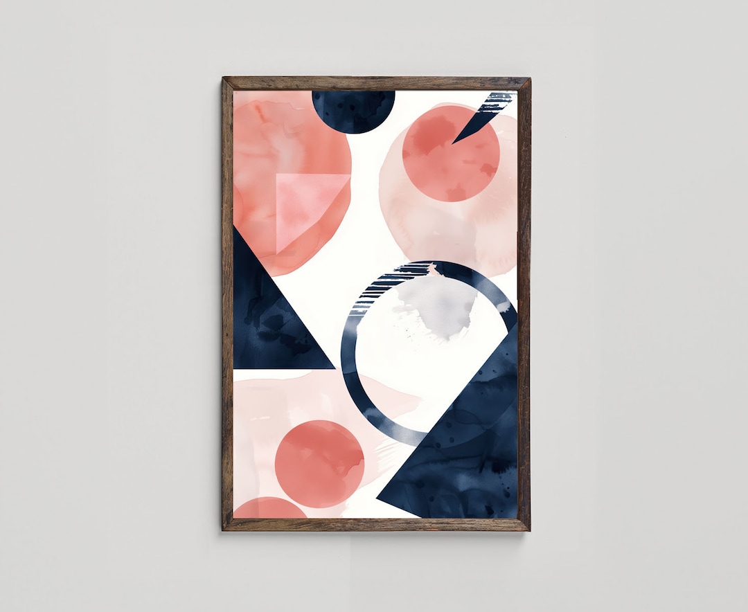 Abstract Geometric Pink and Navy Art Print, Abstract Pink and Navy ...