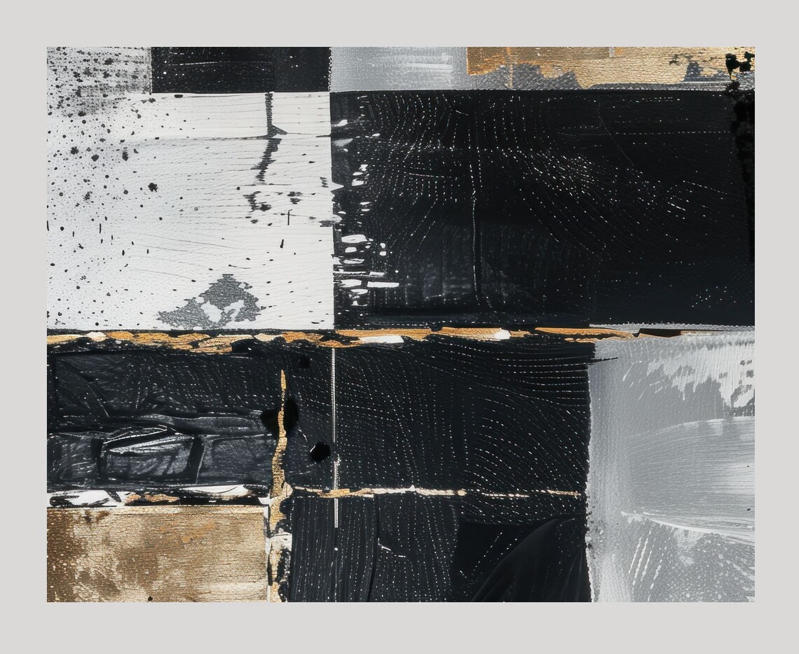 Set of 2 White, Black and Gold Abstract Wall Art, Modern Monochrome ...