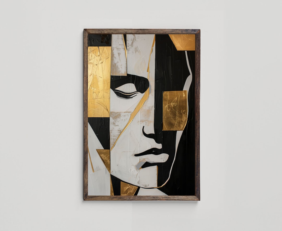 Abstract Face Printable Art, Geometric Gold and Black Wall Art, Black ...