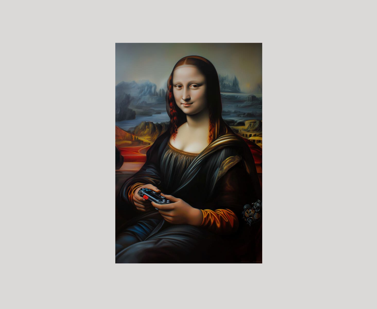 Modern Mona Lisa With Game Controller Wall Art, Mona Lisa Playing Video ...