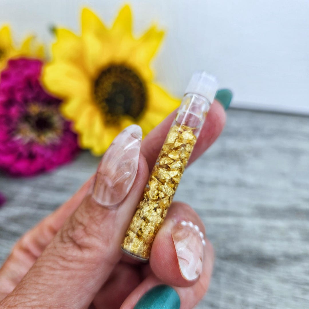 Gold Flake Vial in Liquid Small Crystals Shiny Specimen Cluster Natural ...