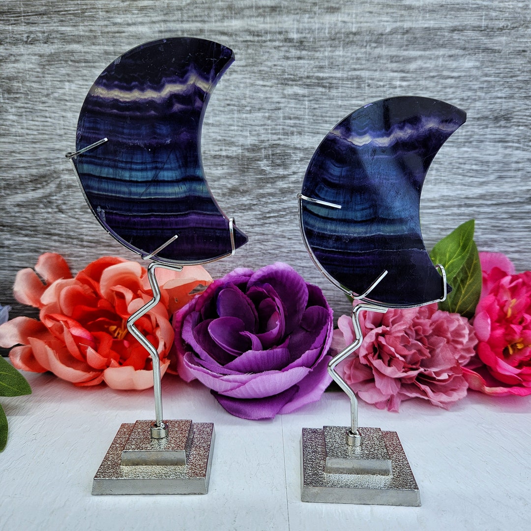 Fluorite Moon Slab Rainbow Green on Stand Blue Purple Beautiful Natural ...