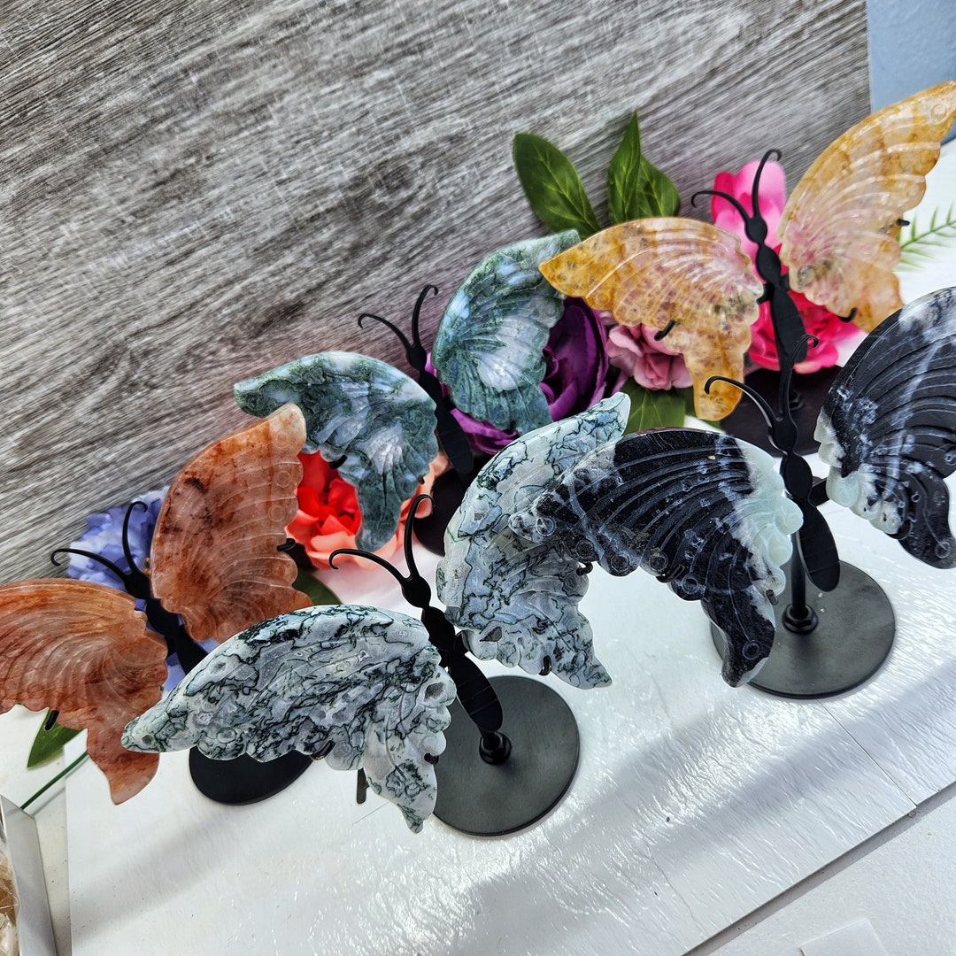Moss Agate Fire Quartz Caribbean Calcite Butterfly Wings on Stand Stone ...