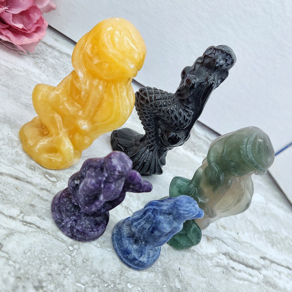Mermaid Carvings Crystals Black Obsidian Blue Lace Agate Lepidolite ...