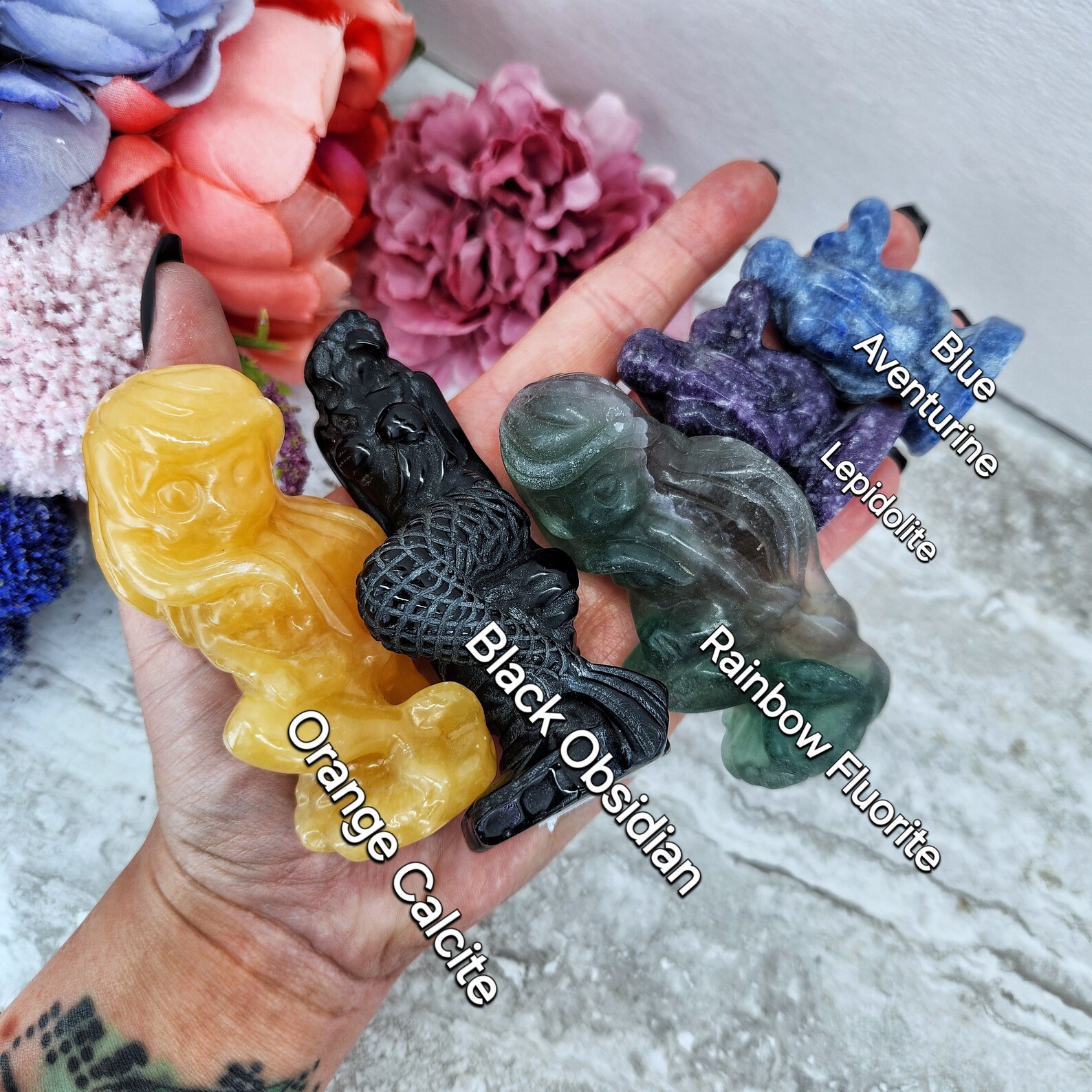 Mermaid Carvings Crystals Black Obsidian Blue Lace Agate Lepidolite ...