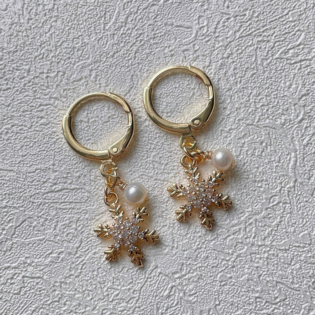 Snowflake Pearl Earrings, Pendant Dangle Earrings, 14k Gold Leverback ...