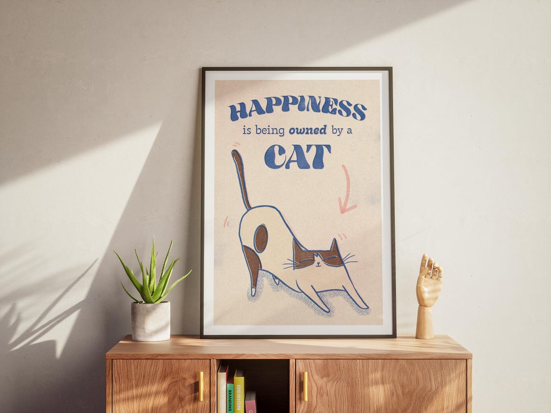 Happy Cat Digital Wall Art, Cat Illustration, Cat Lover Gift, Home ...