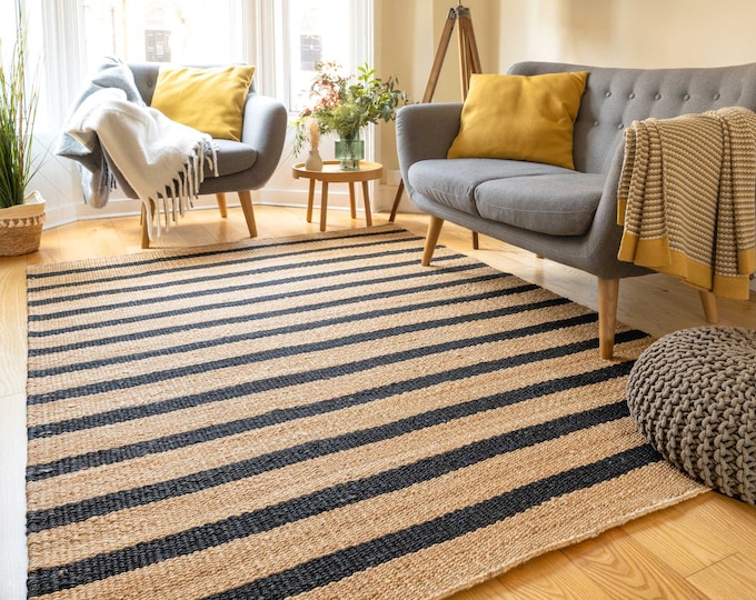 Natural Jute Black Stripe Living Area Rug Large Sisal Bedroom Dining ...