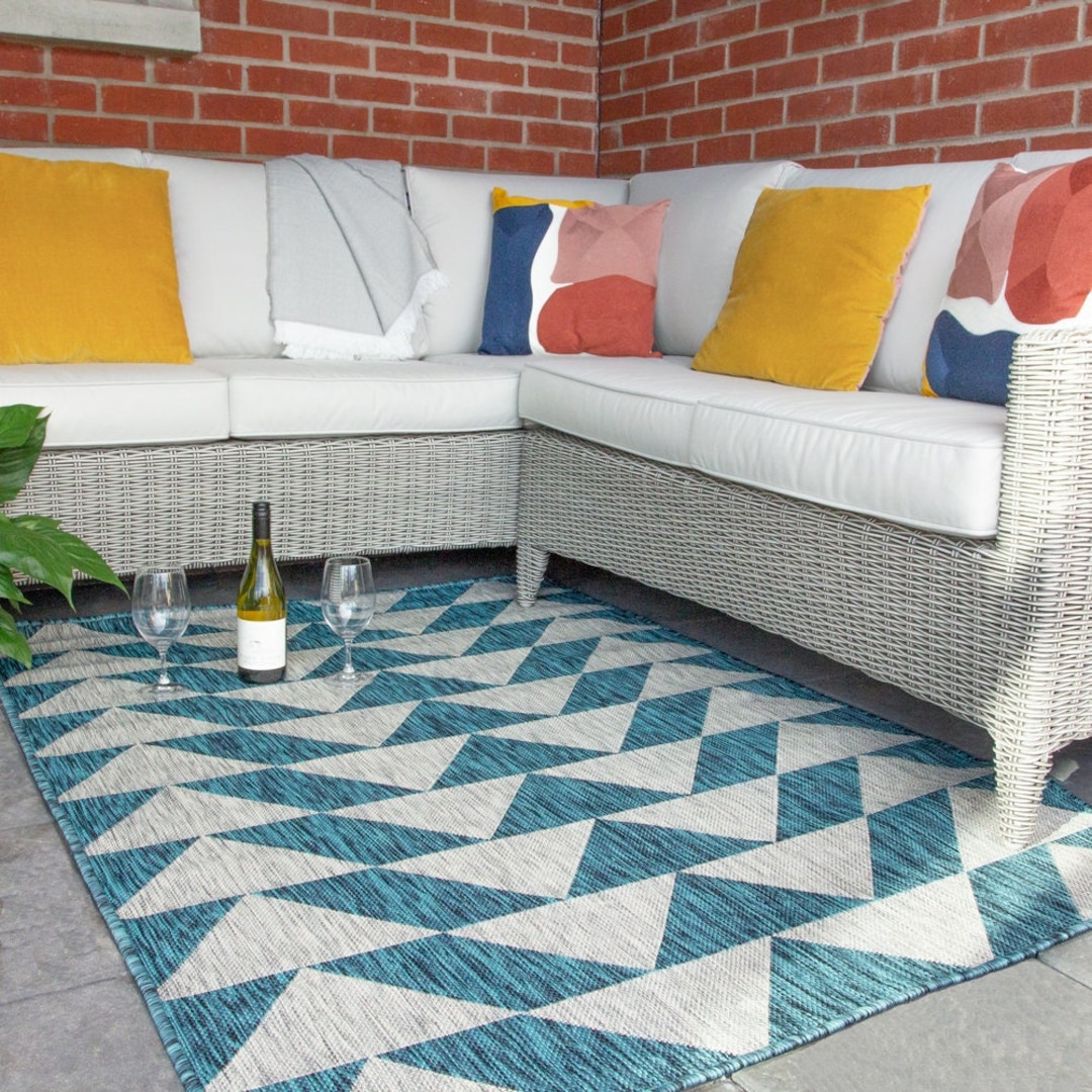 Blue Grey Diamond Geometric Outdoor Rug Flatweave Indoor Outdoor ...
