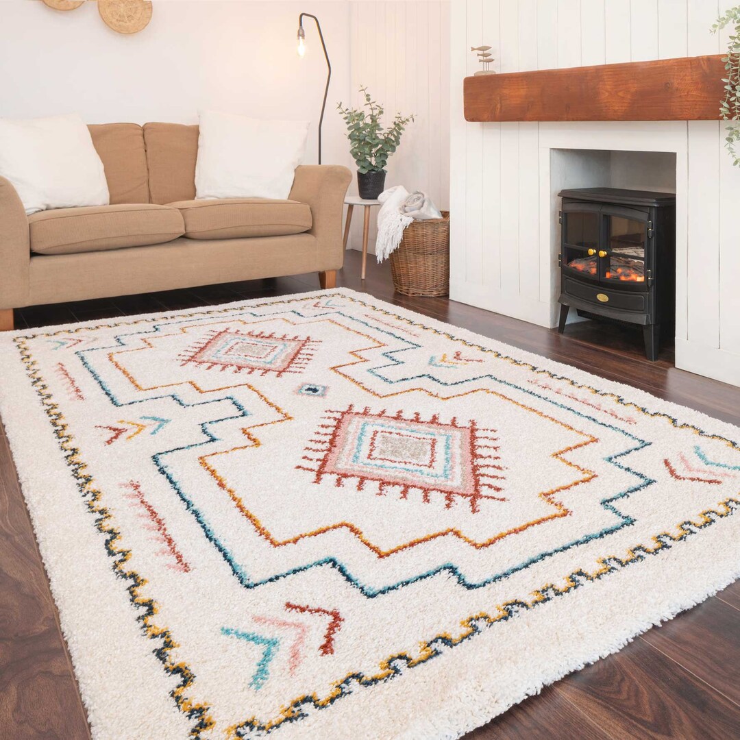 Super Soft Cream Shaggy Rug Bordered Multicolour Aztec Moroccan Berber ...