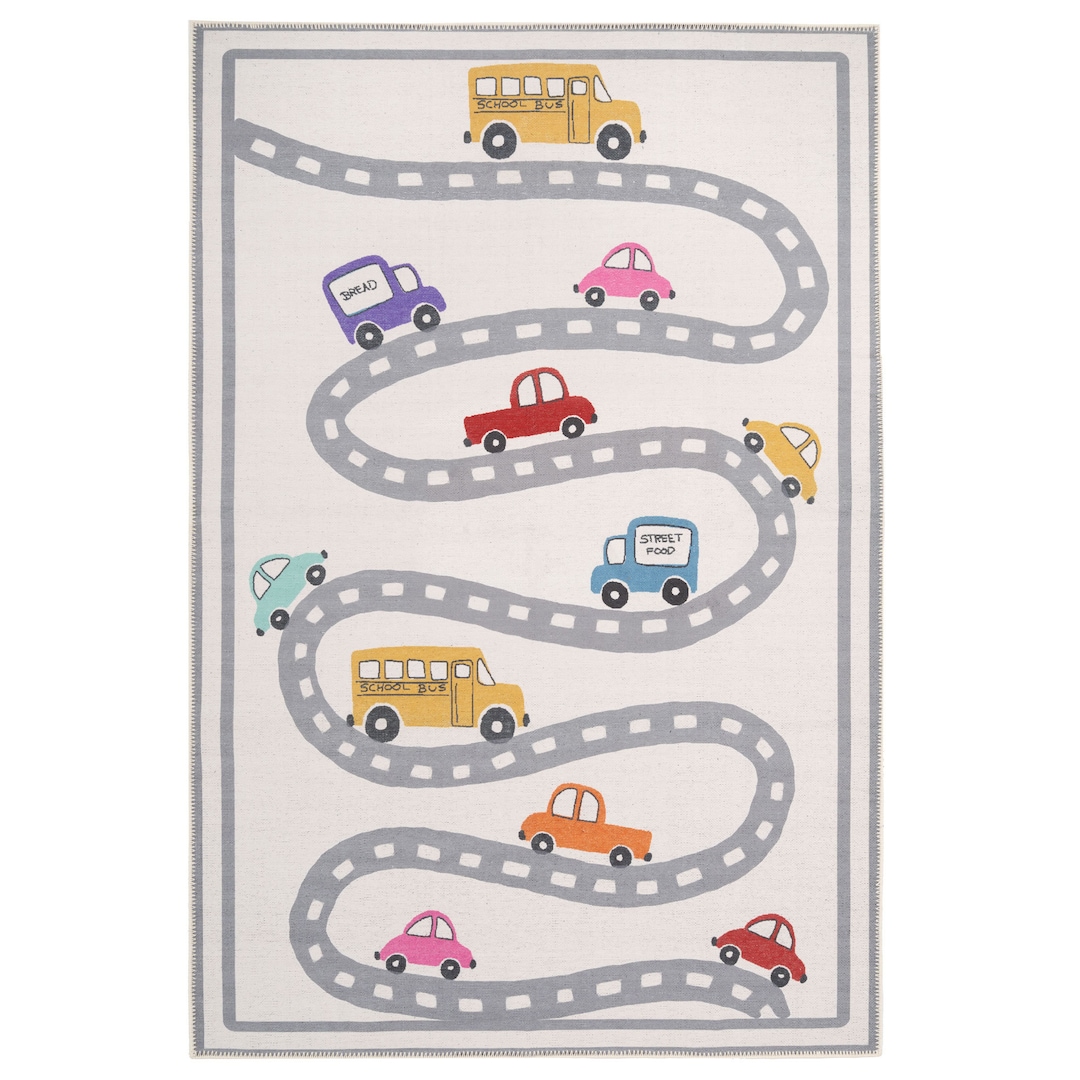 Kids Car Mat Washable Childrens Bedroom Rug White Grey Road Cars ...