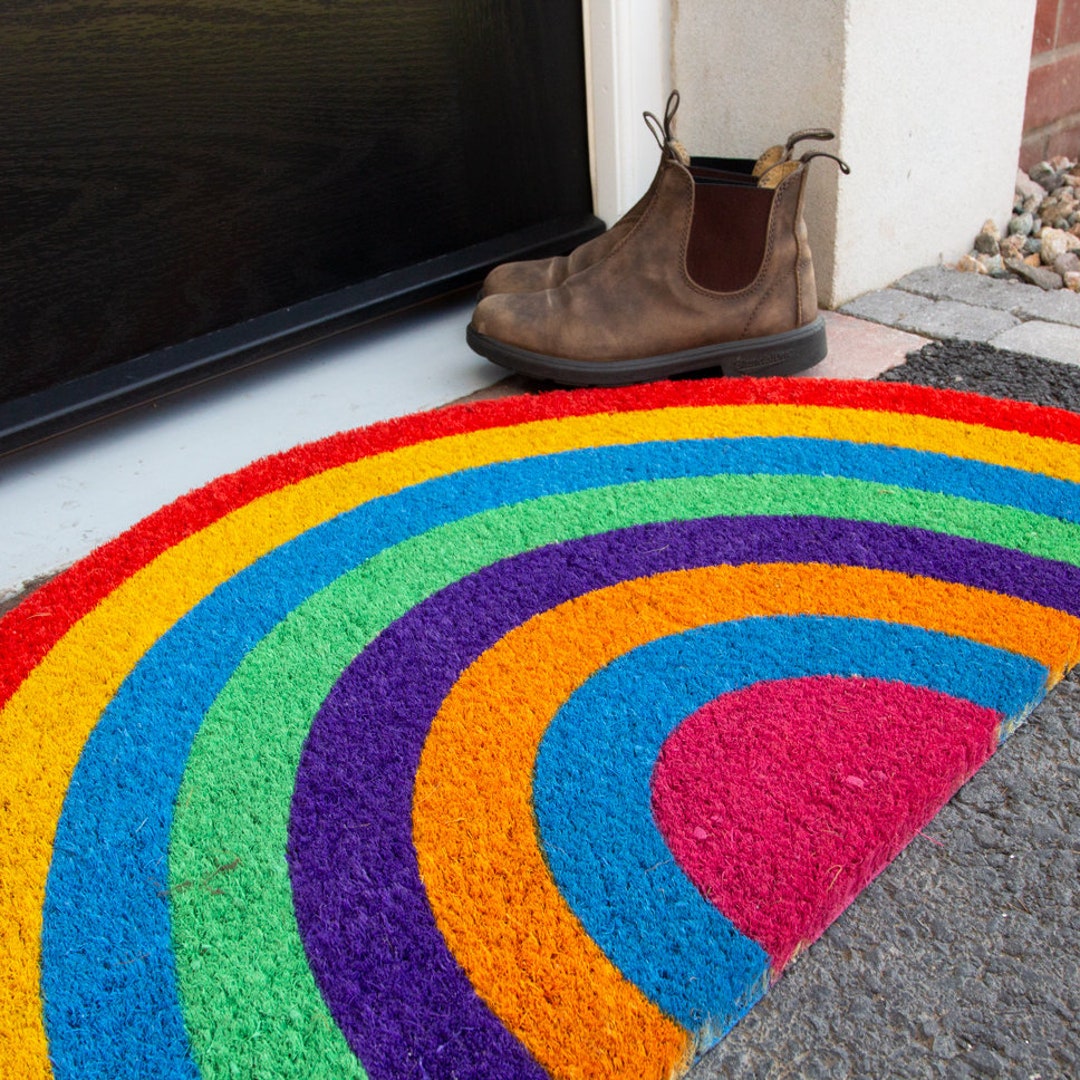 Multicolour Rainbow Coir Door Mat Fun Bold Half Moon Entrance Doormat ...