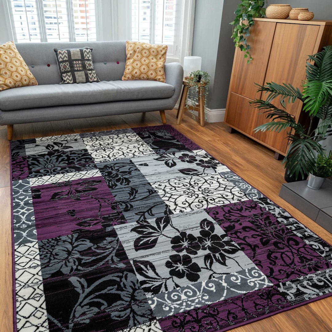 Deep Purple Grey Patchwork Rug Soft Value Floral Living Room Bedroom ...