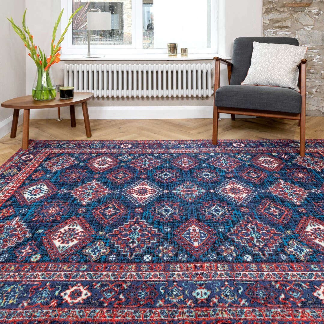 Navy Red Oriental Area Rug Non Slip Machine Washable Mat Traditional ...