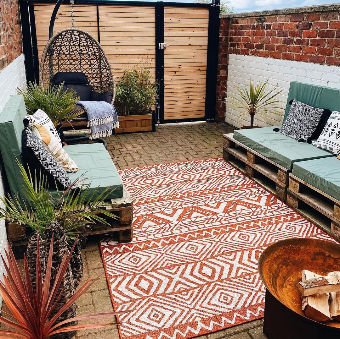 Orange Geometric Garden Patio Area Rug Flatweave Aztec Indoor Outdoor ...