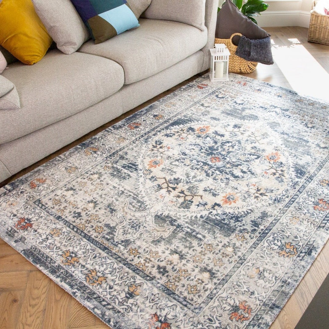 Blue Oriental Distressed Rug Traditional Bordered Living Area Bedroom ...