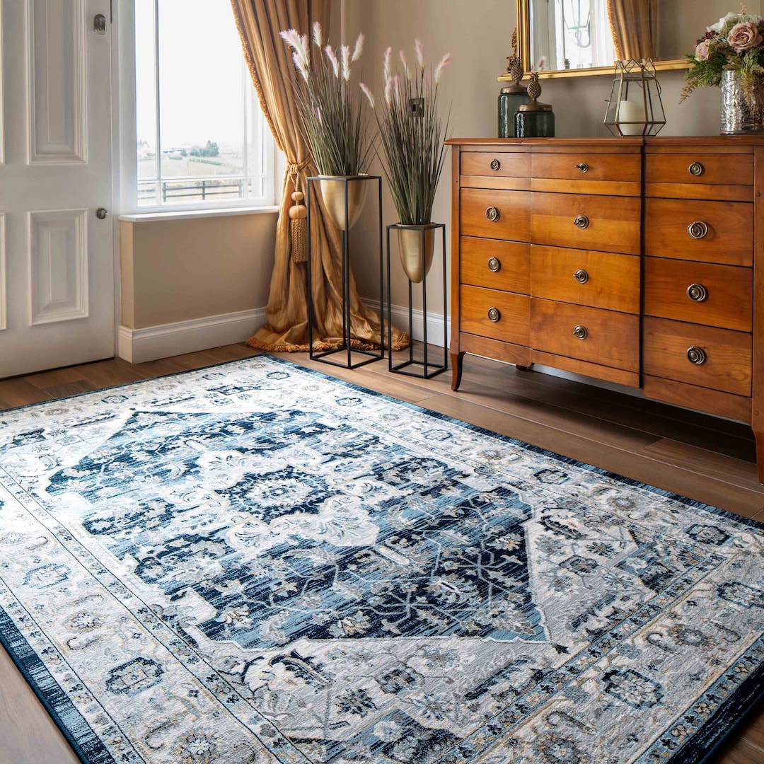 Navy Blue Oriental Living Room Rug Large Floral Traditional - Etsy