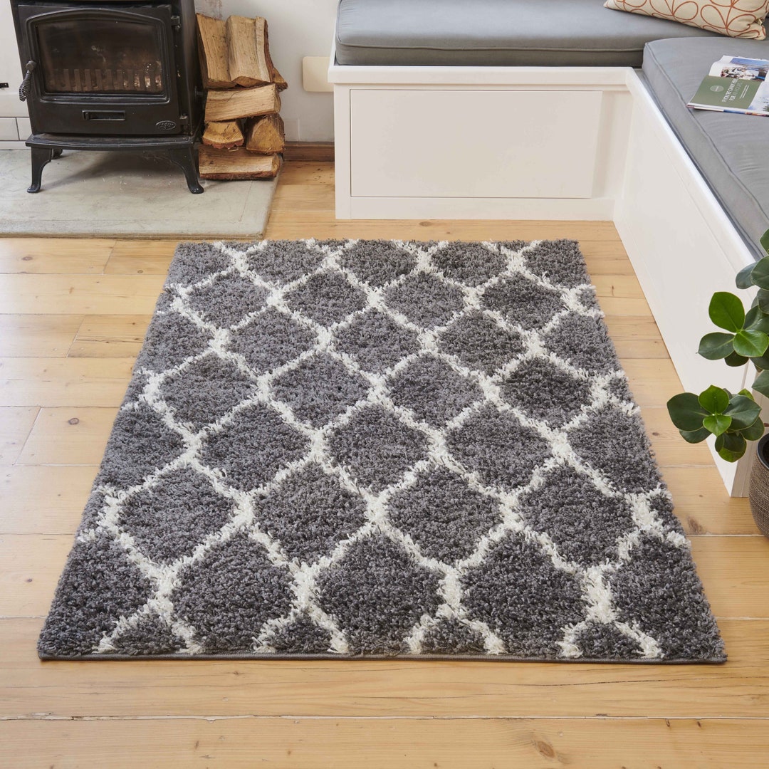 Dark Grey Shaggy Area Rug Super Soft Moroccan Trellis Motif - Etsy UK