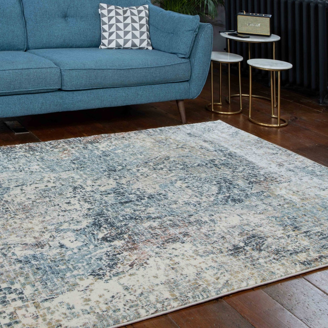 Soft Blue Distressed Abstract Area Rug Beige Navy Textured Living Room ...