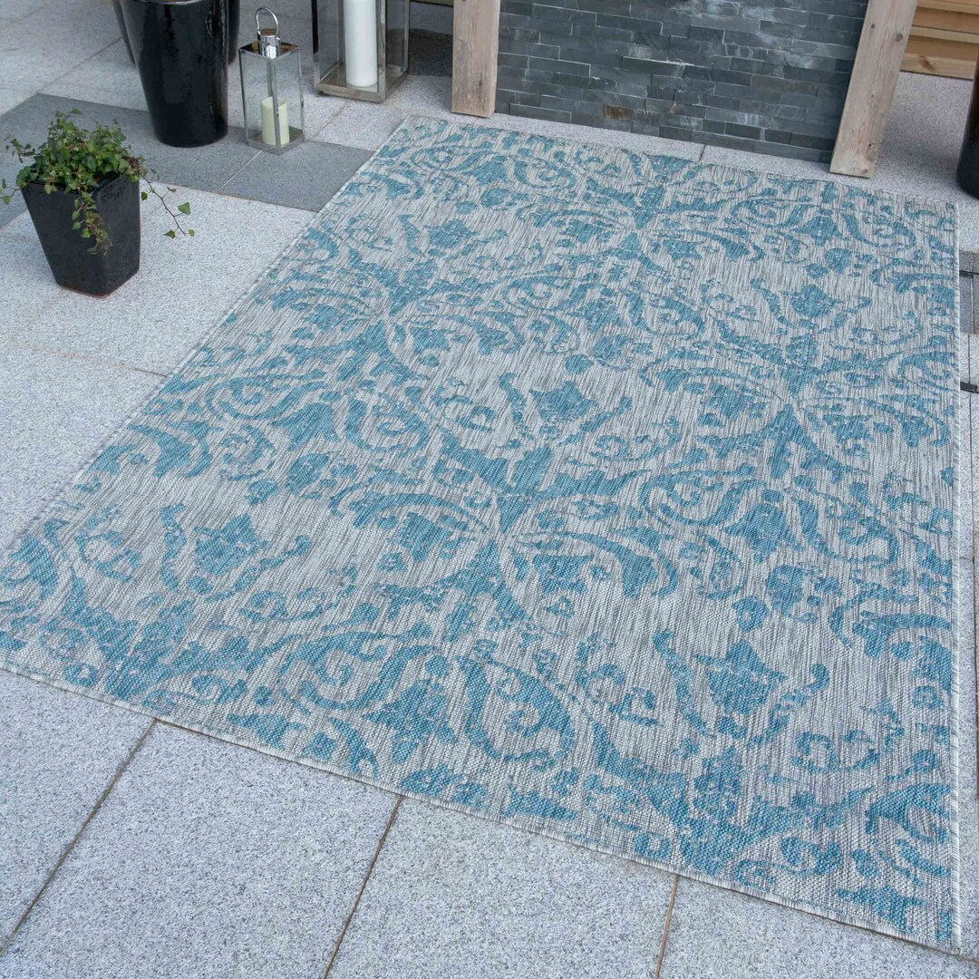 Aqua Blue Outdoor Rug Floral Oriental Flatweave Indoor Outdoor Washable ...