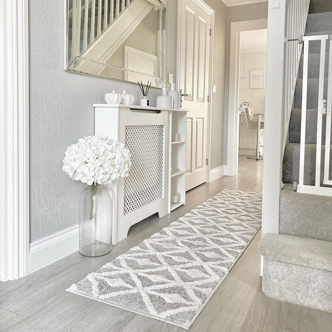 Grey White Geometric Runner Rug Scandi Aztec Bedroom Living Area Rugs ...