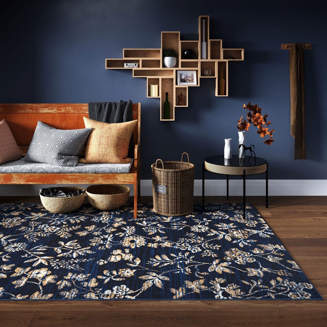 Navy Blue Gold Floral Area Rug Soft Value Living Room Bedroom Mat - Etsy UK