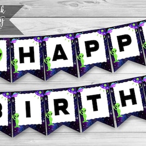 Alien Happy Birthday Banner, Space Alien Birthday Party, Pennant Banner ...