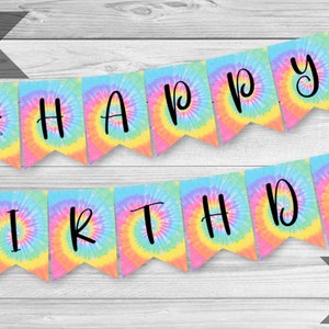 Tie Dye Happy Birthday Banner, Rainbow Birthday Party, Pennant Banner ...